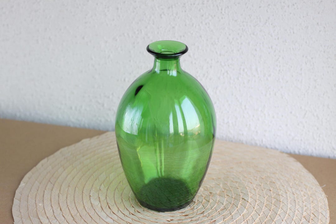 Vintage Green Glass Vase, Green Glass Bottleneck Vase, Green Bottle ...