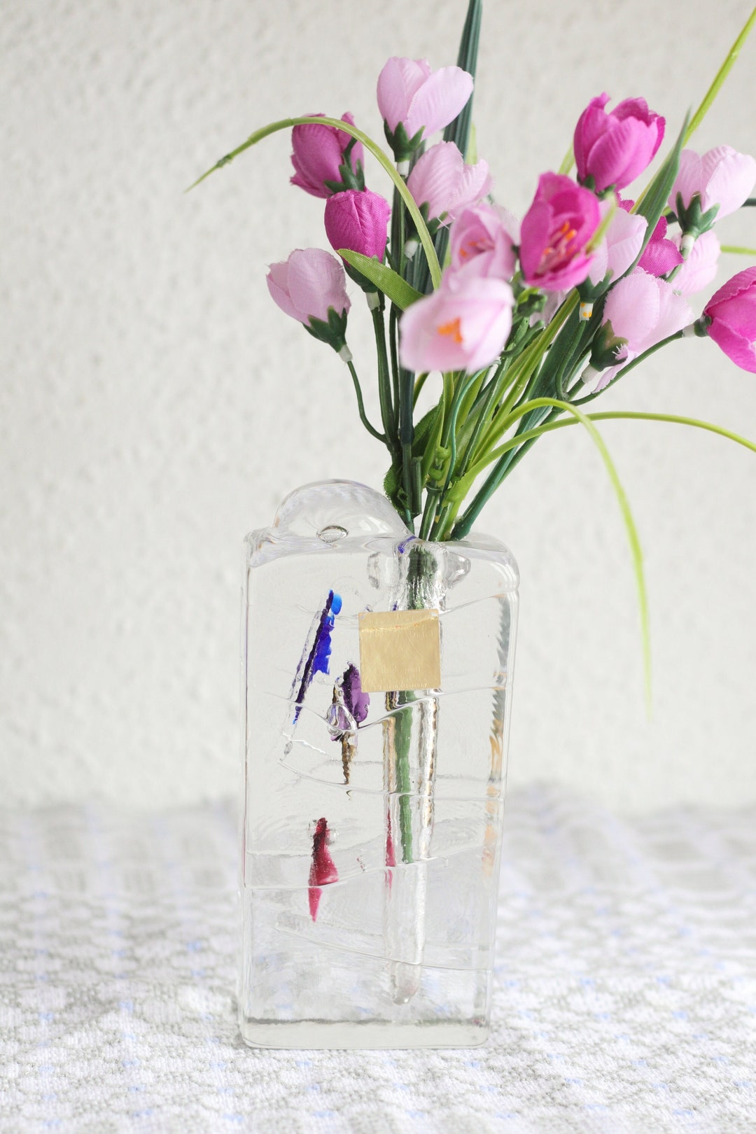 Vintage Block Glass Vase, Single Flower Vase, Mid-century Glass Vase ...