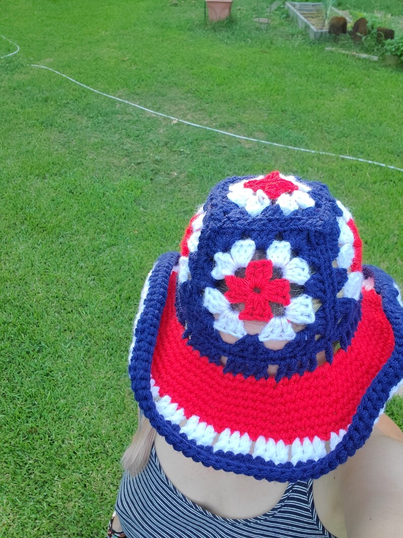 Crochet Cowboy Hat Granny Square Handmade Red White & Blue - Etsy