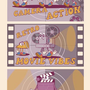 Movie Mascot Creation Kit Set, Retro Groovy Cinema Mascot Creator, Character Design, Vintage ...
