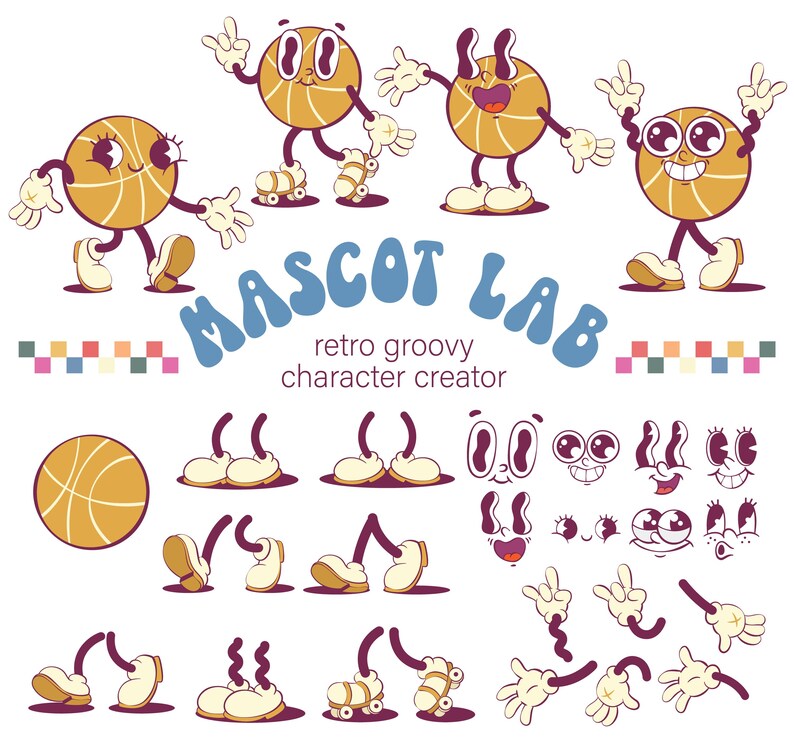 Retro Groovy Basketball Ball Mascot Creation Kit - EPS, PNG, Mascot ...