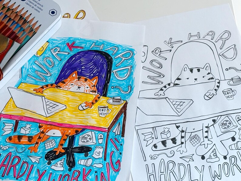 Funny Work Hard Hardly Working Art, Office Humor Doodle, Printable Wall ...