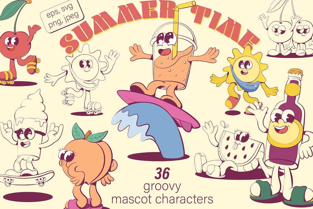 Retro Groovy Summer Mascot Characters, Sublimation Designs, Vintage ...