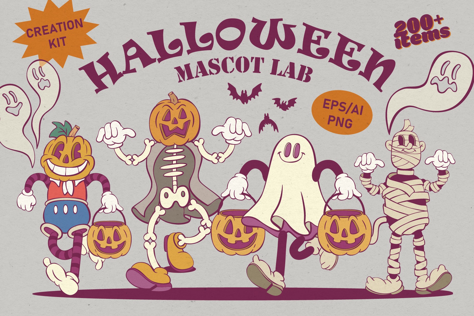 Retro Halloween Mascot Creator Kit, Groovy Vector Clipart (PNG, EPS, AI ...