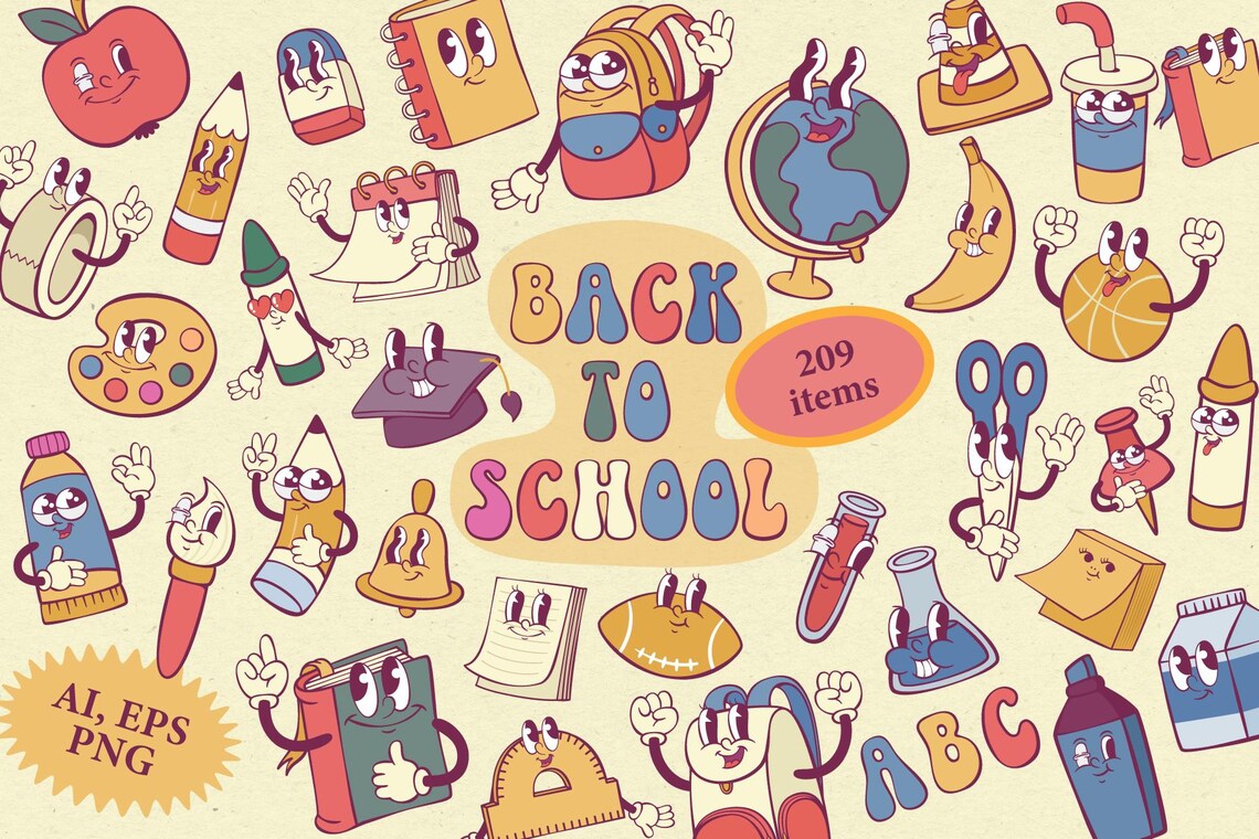 Back to School Retro Groovy Mascot Clipart Download, School Items ...