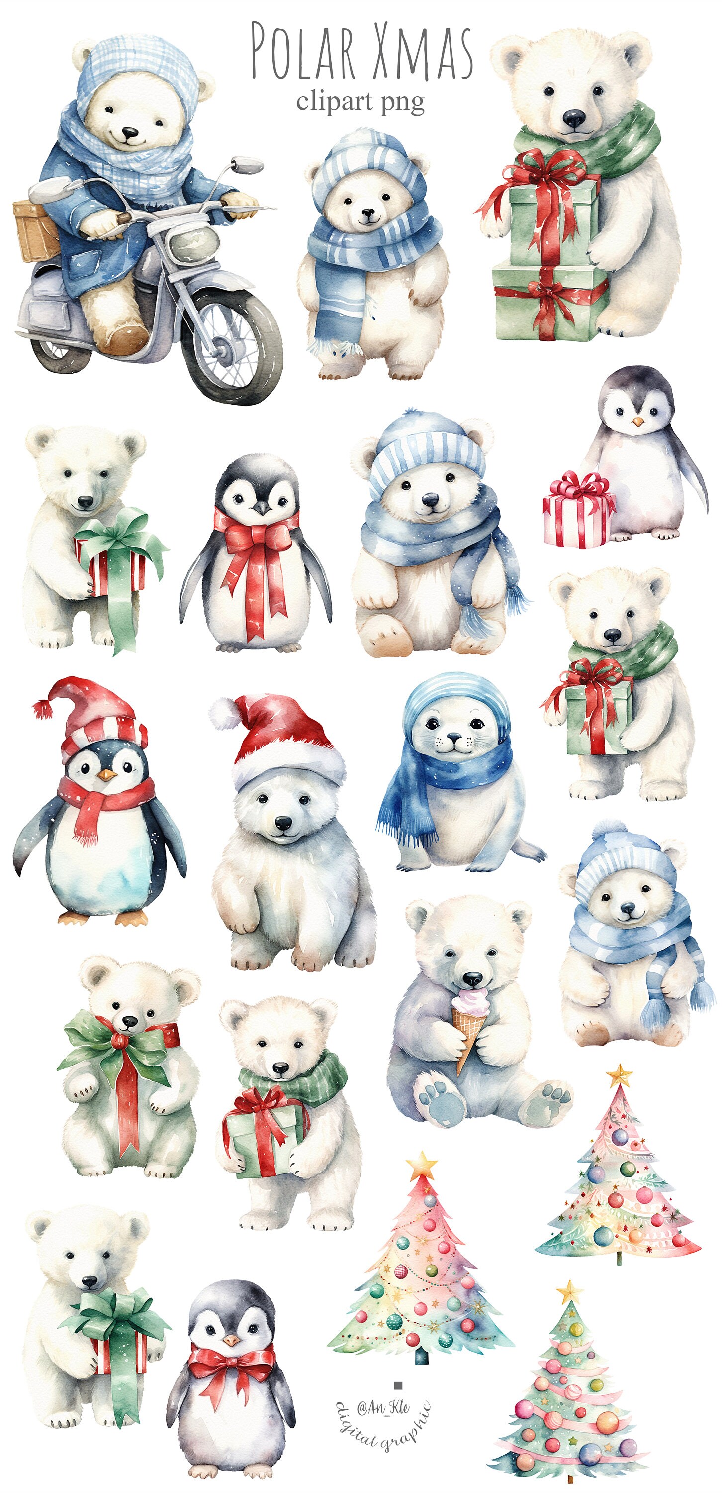 Polar Christmas Clipart Png Digital Download, Watercolor Winter ...