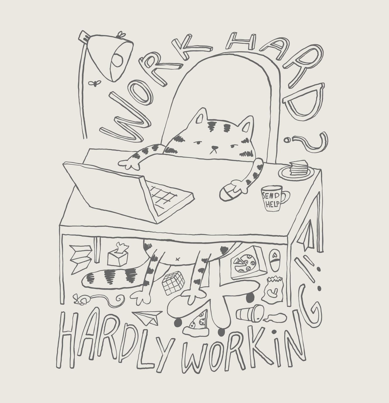 Funny Work Hard Hardly Working Art, Office Humor Doodle, Printable Wall ...