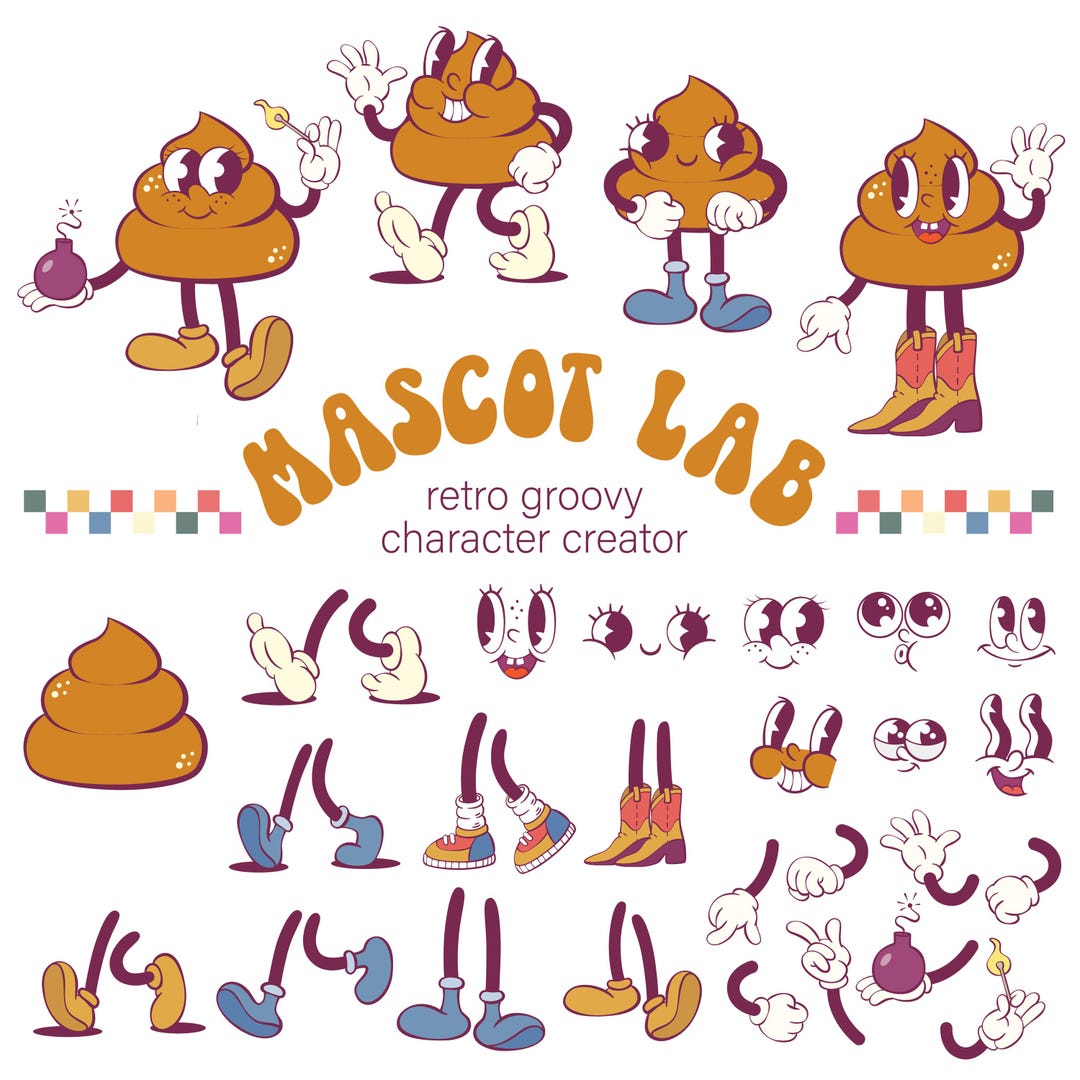 Retro Groovy Poop Mascot Creation Kit EPS, PNG, Mascot Parts, Funny ...