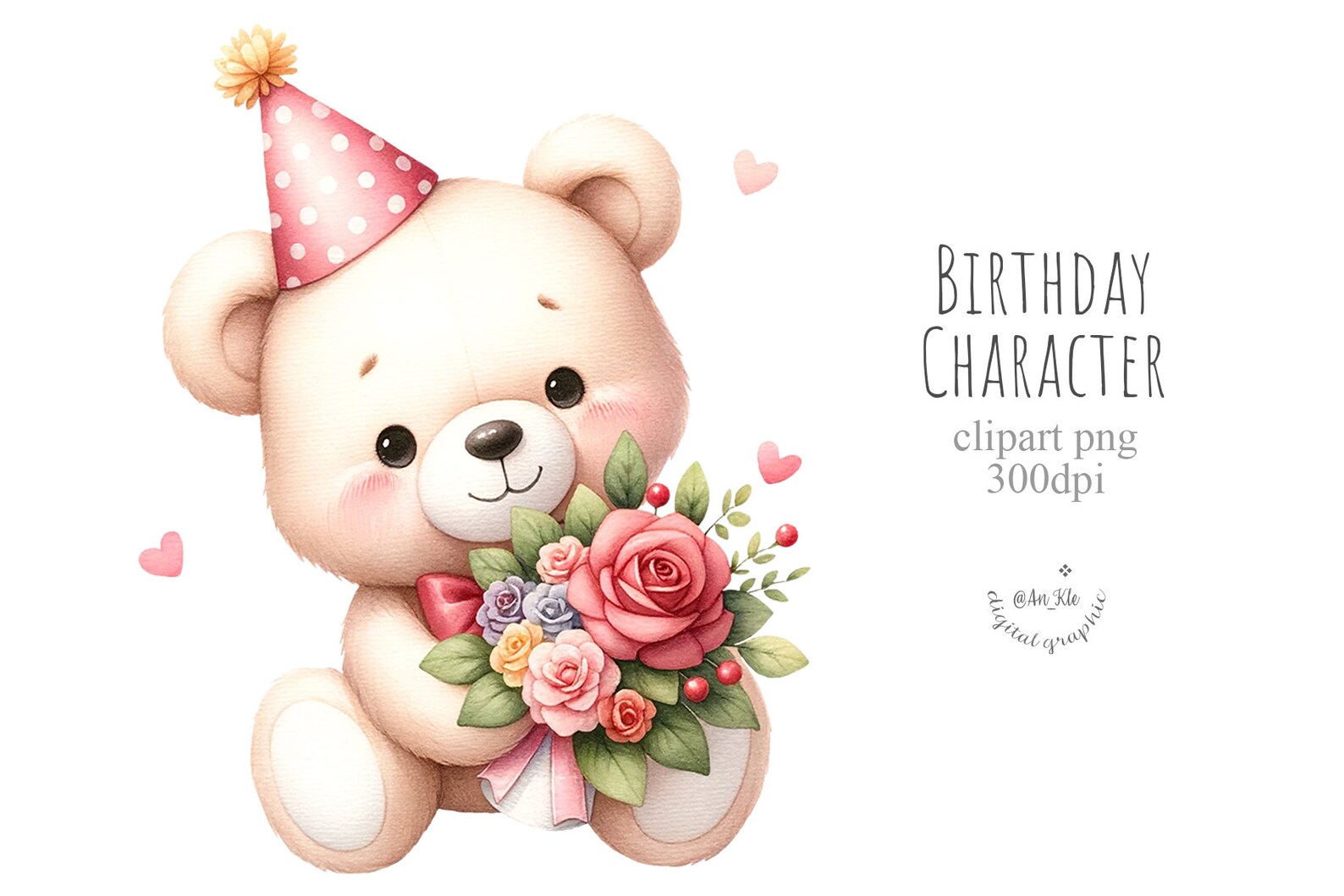 Cute Birthday Bear Clipart Png Digital Download, Watercolor Teddy Bear ...