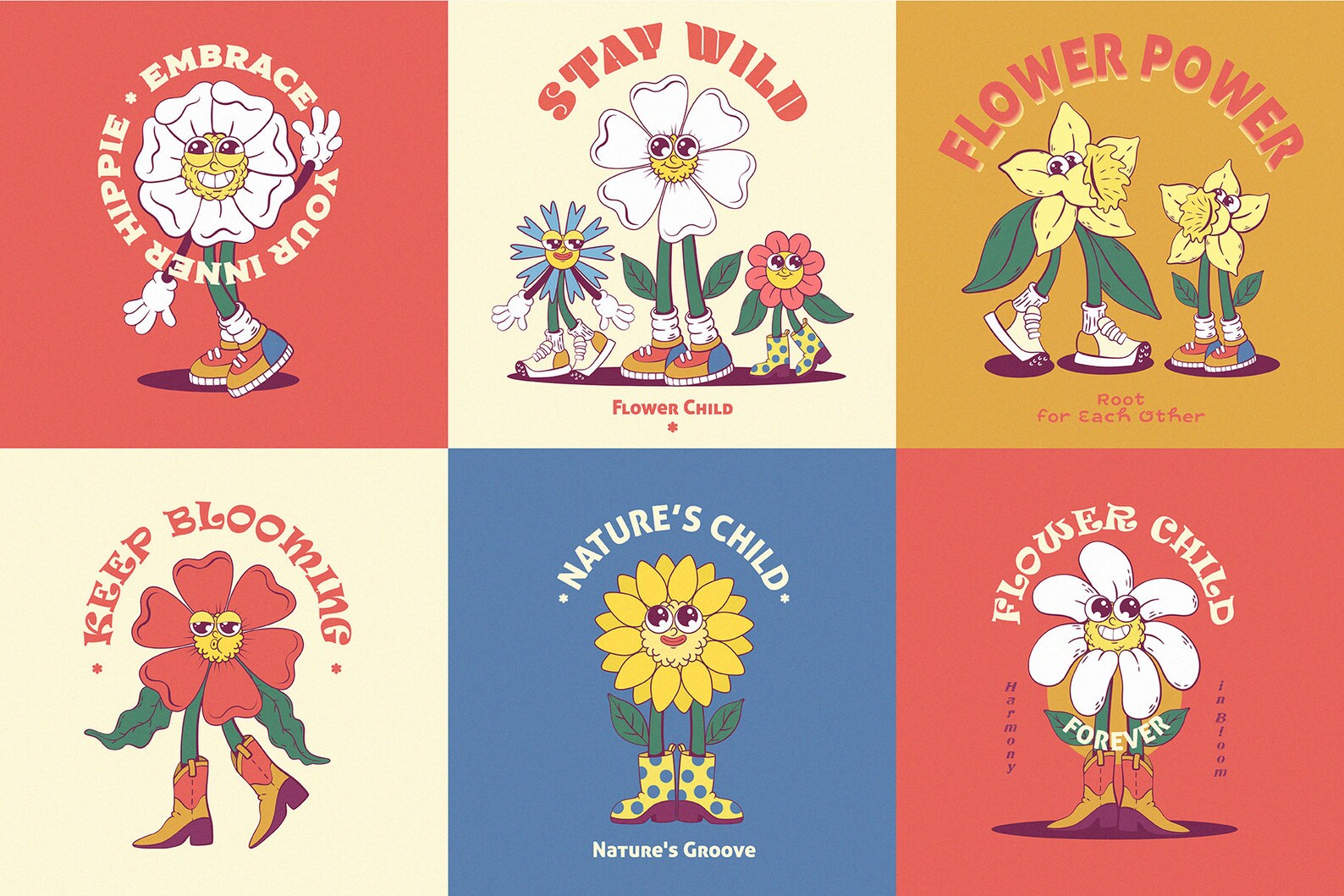 Flower Power Mascot Clipart Collection, Retro Groovy Mascot Creation ...