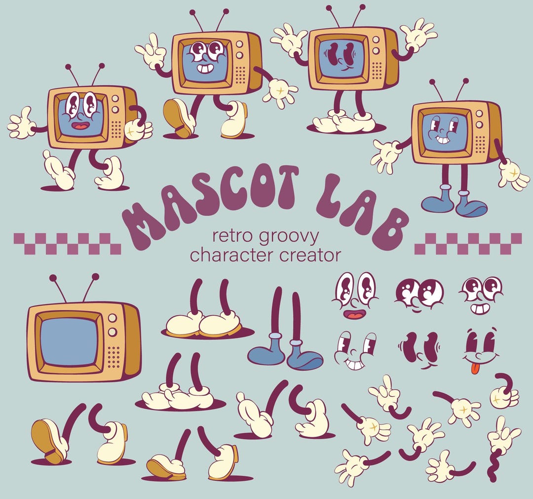 Retro Groovy TV Mascot Creation Kit - Eps, Png, Mascot Parts, Vintage ...
