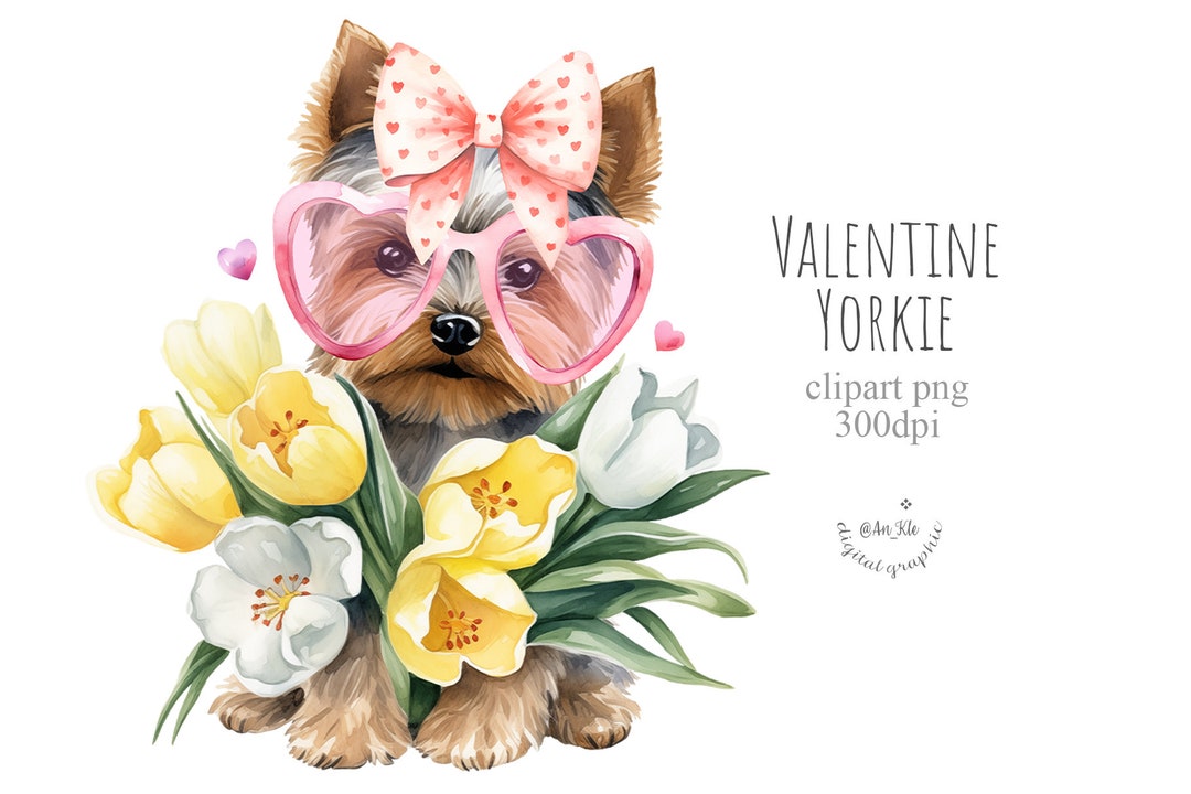 Valentine Yorkie Sublimation Design, Flowers Bouquet, Pink Heart, Heart ...