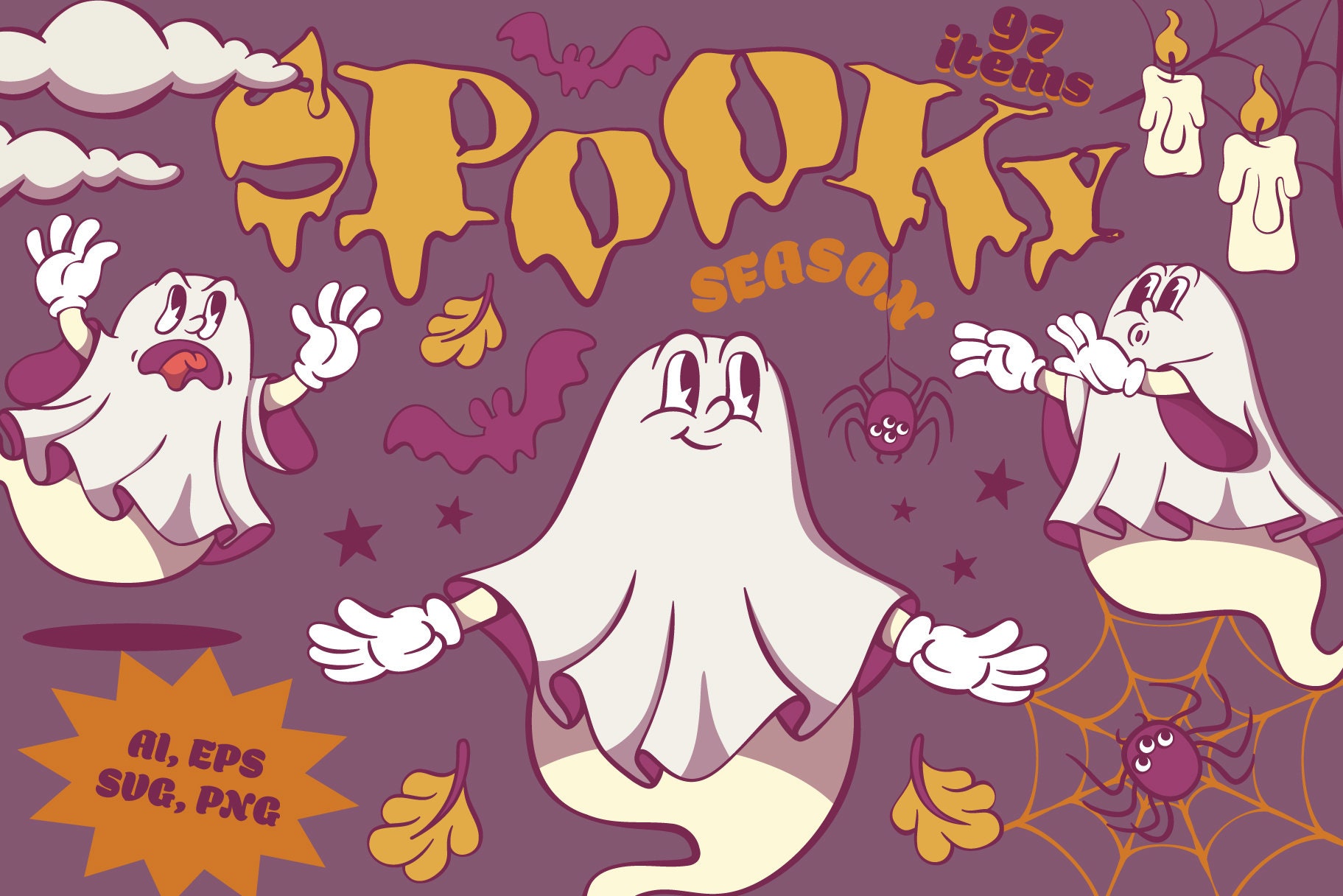 Groovy Ghosts Clipart, Retro Cartoon, Halloween, Trick or Treat, Spooky ...