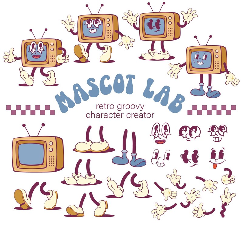 Retro Groovy TV Mascot Creation Kit - Eps, Png, Mascot Parts, Vintage ...
