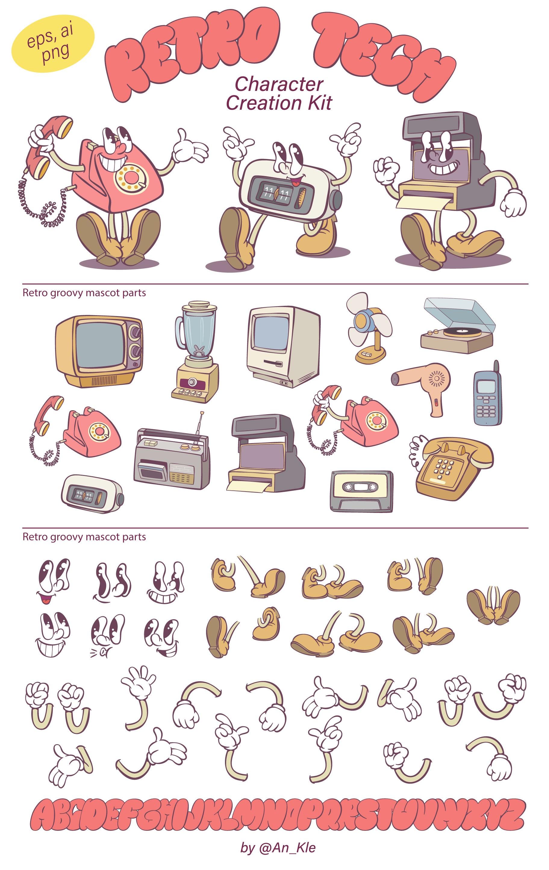 Tech Mascot Creation Kit Bundle, Retro Groovy Mascot Characters Creator ...