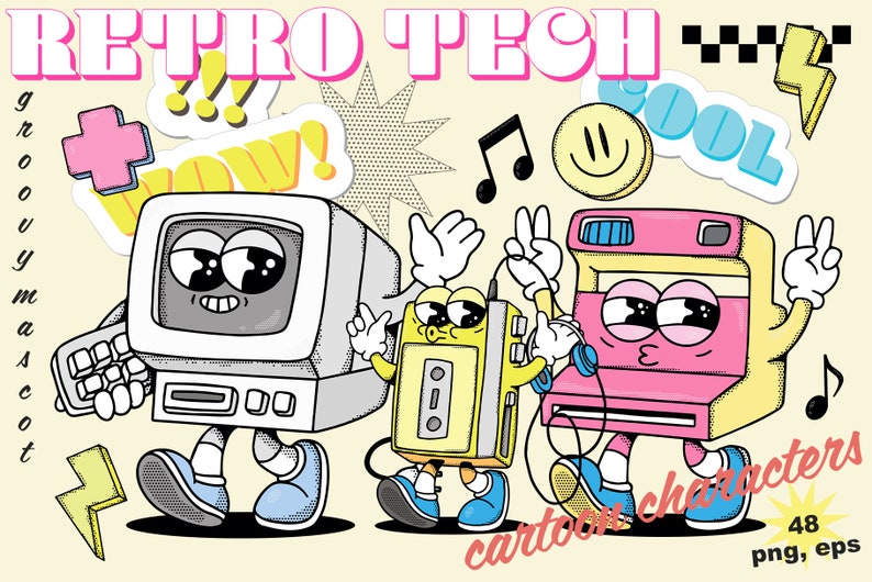Set of Retro Mascot Characters Clipart Download, Vintage Computer ...
