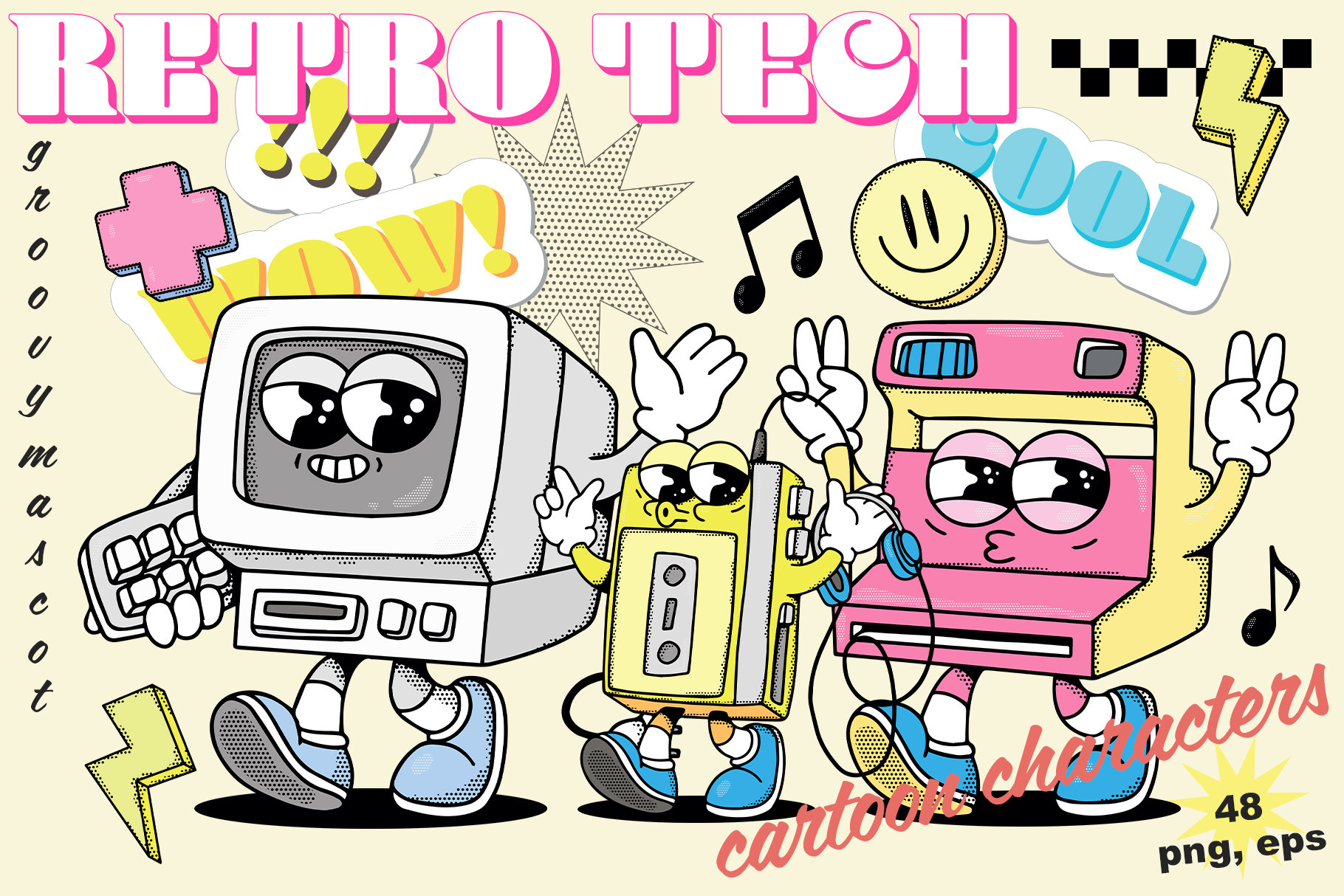 Set of Retro Mascot Characters Clipart Download, Vintage Computer ...
