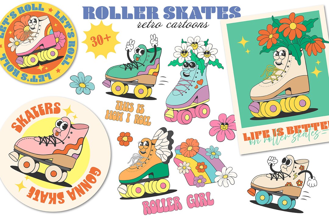 Retro Groovy Roller Skate Clipart, Vintage Funky Mascot Characters ...