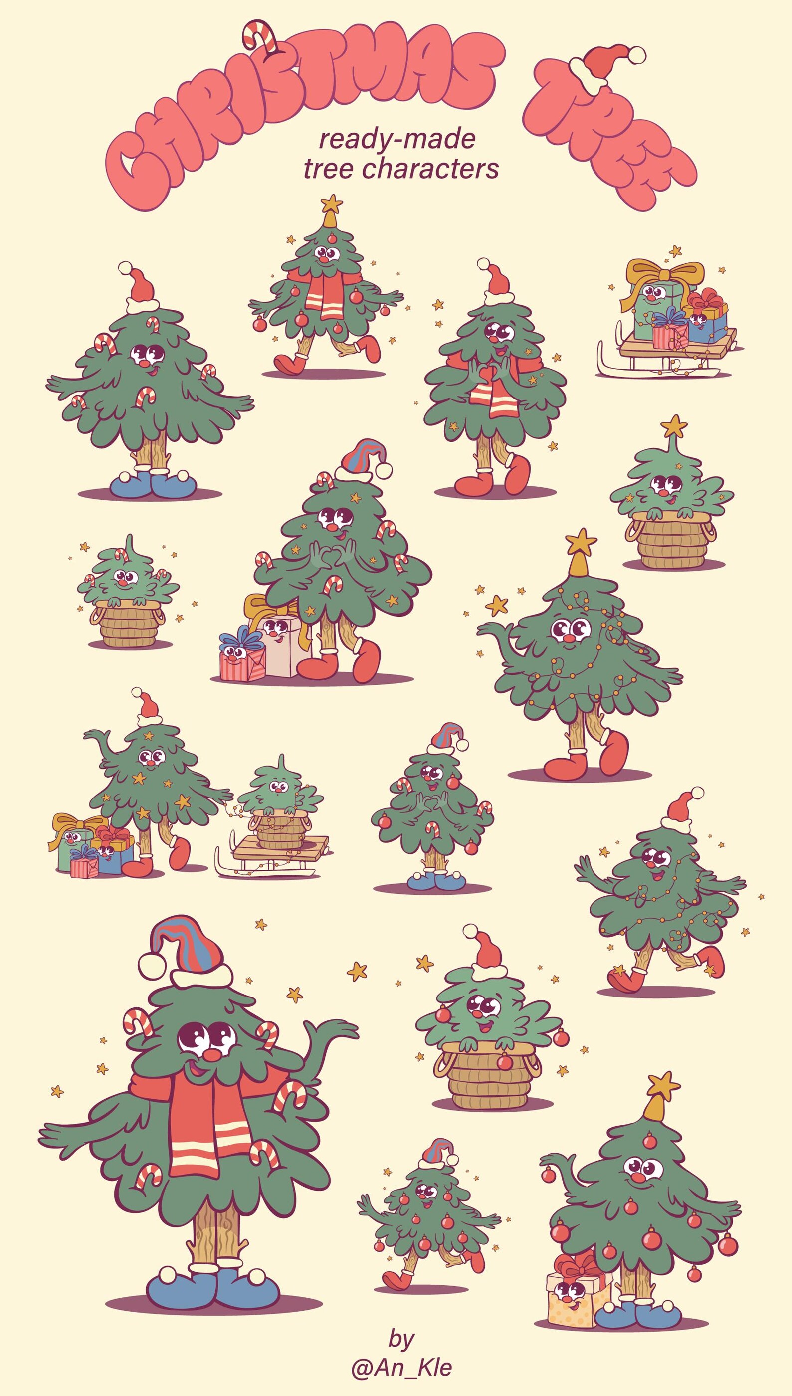 Christmas Tree Character Creation Kit, Retro Groovy Xmas Mascot ...