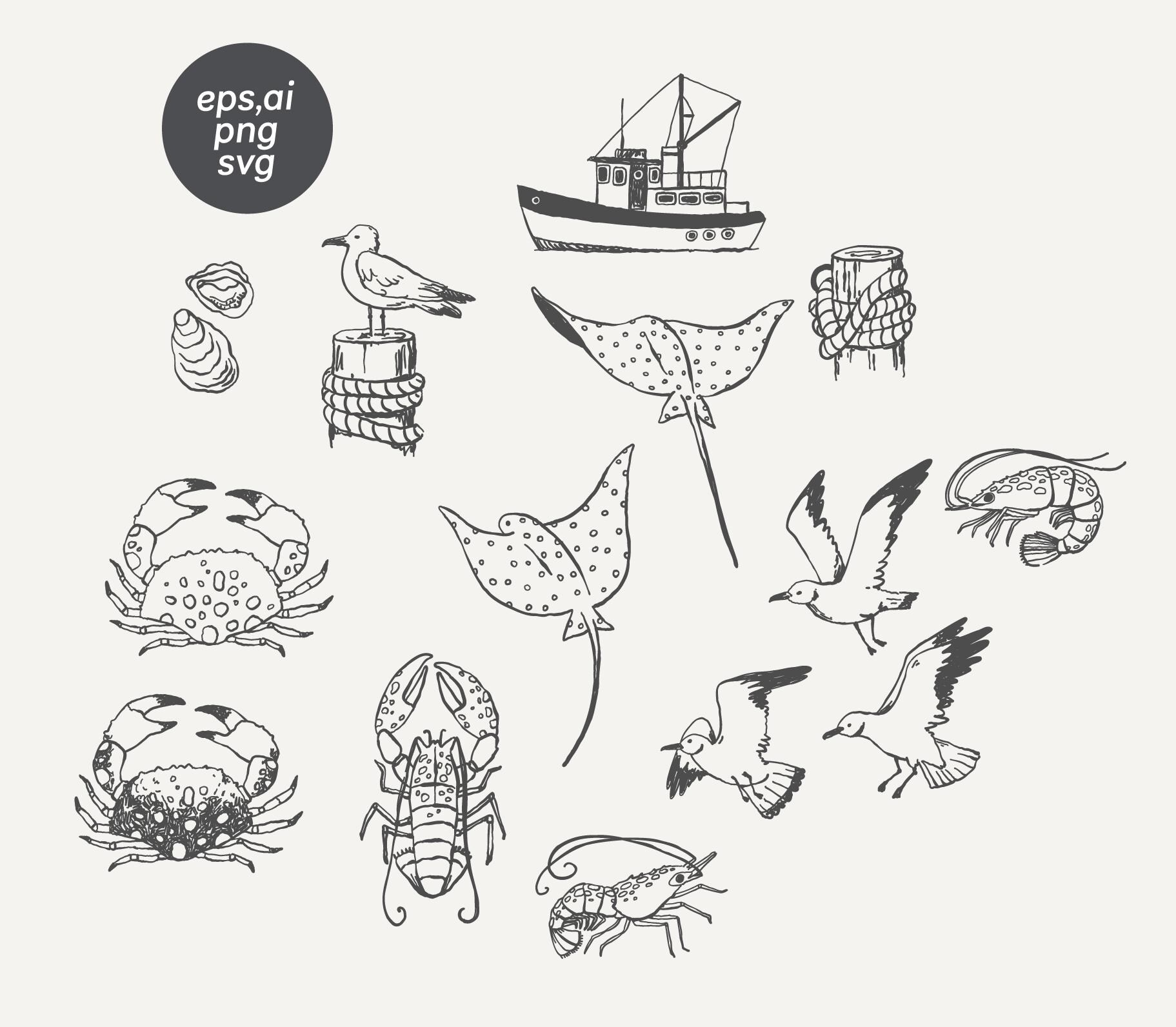 Fisherman Clipart and Prints, Hand Drawn Ocean Line Art (SVG Canva) - Etsy
