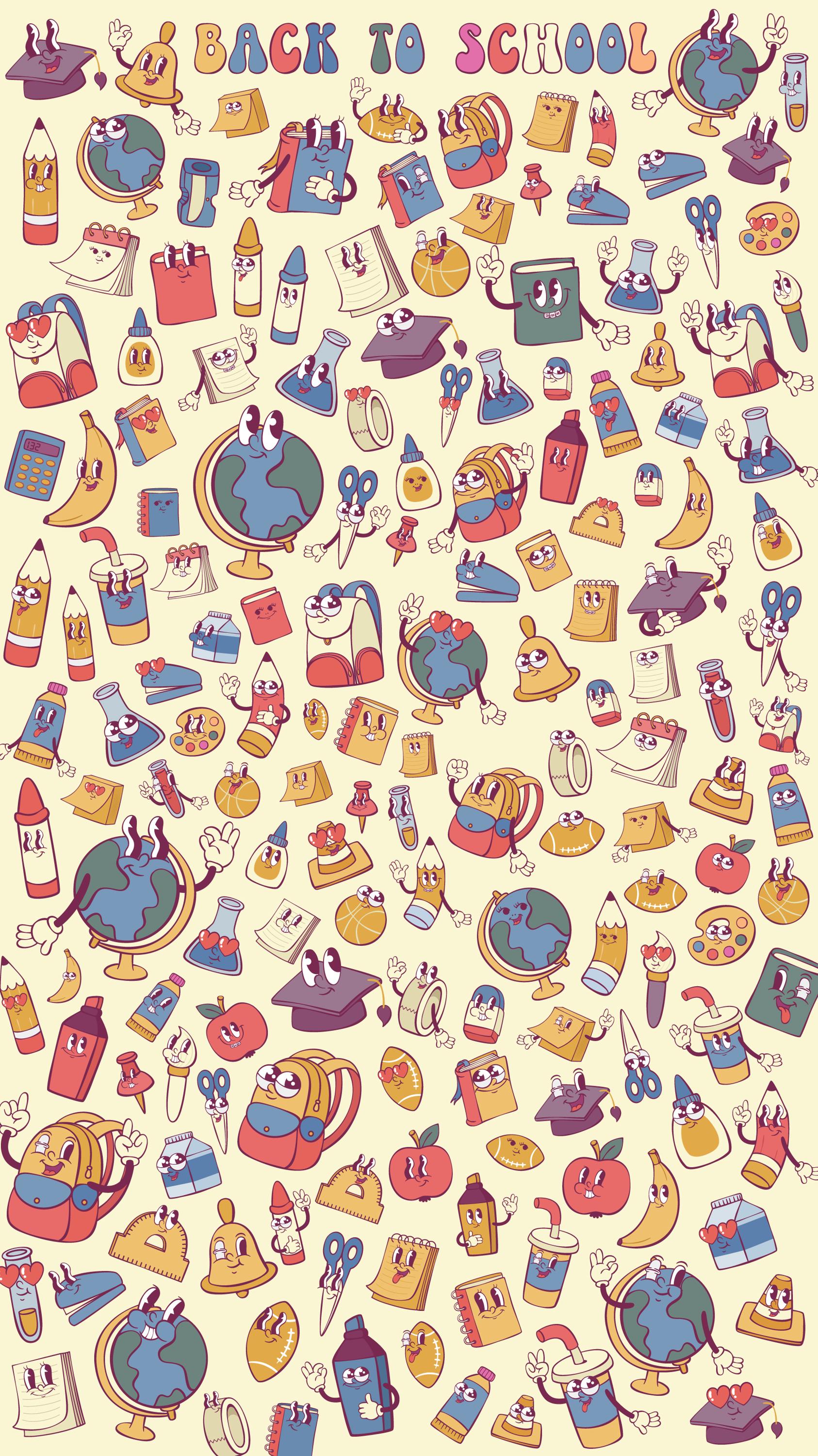 Back to School Retro Groovy Mascot Clipart Download, School Items ...