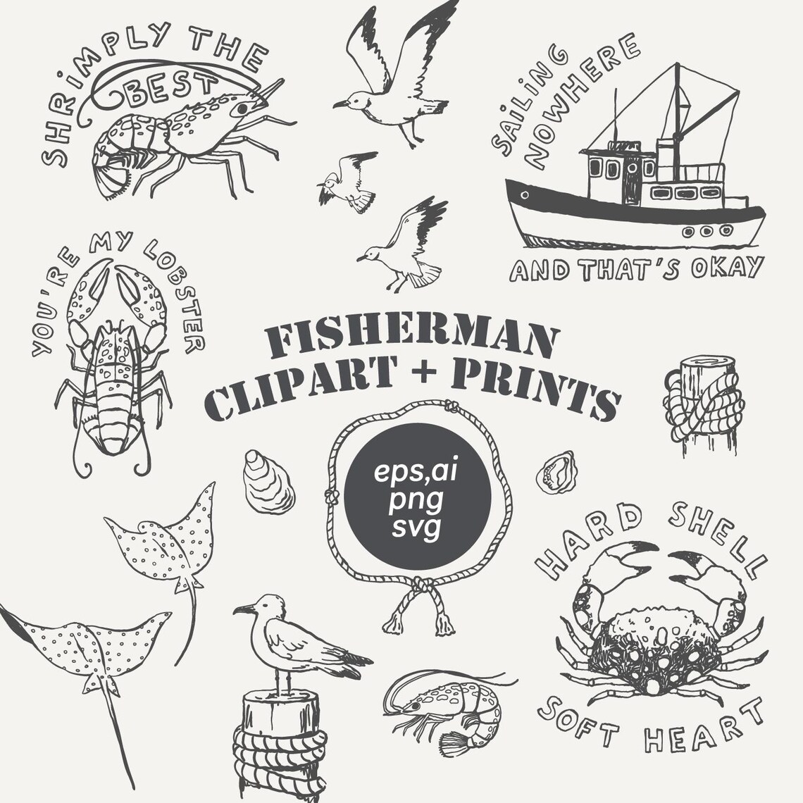 Fisherman Clipart and Prints, Hand Drawn Ocean Line Art (SVG Canva) - Etsy