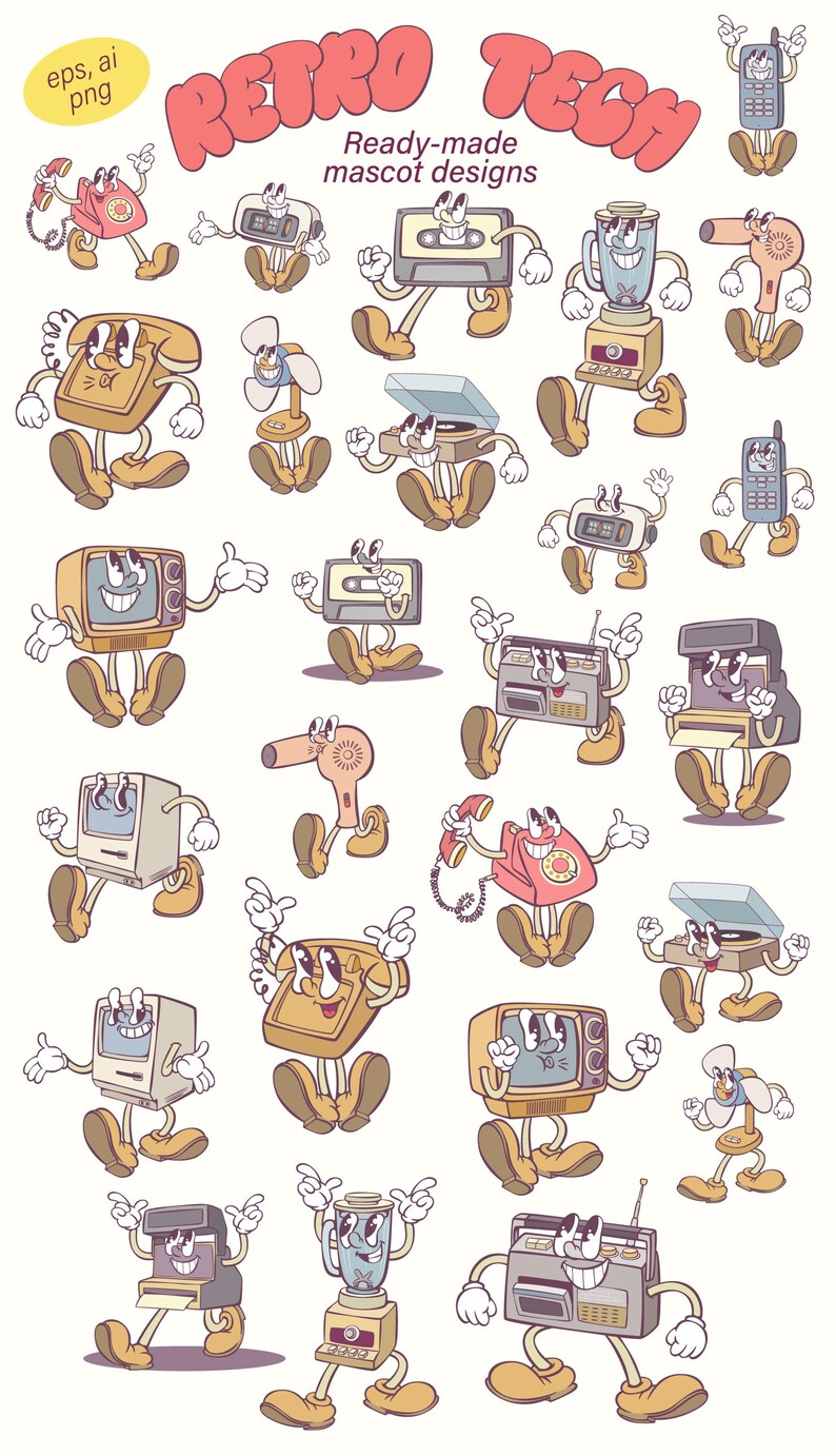 Tech Mascot Creation Kit Bundle, Retro Groovy Mascot Characters Creator ...