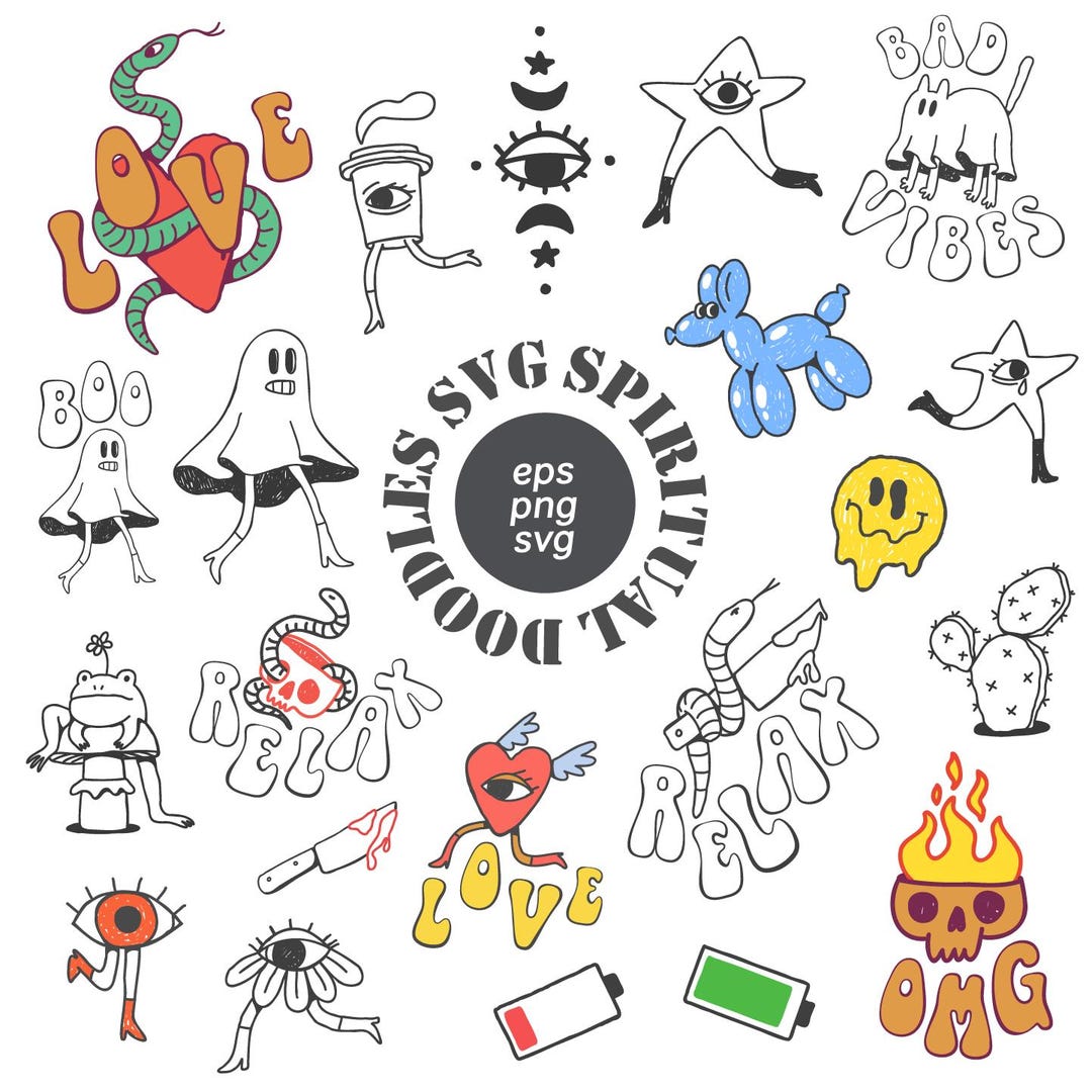 Psychedelic Tattoo Flash Doodles, Retro Line Art Set (SVG, PNG, EPS) - Etsy