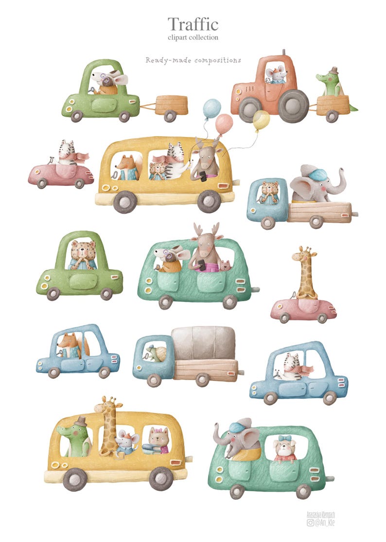 Cute Animal Traffic Clipart, Funny Animals in Cars and Bus, Hand Drawn ...