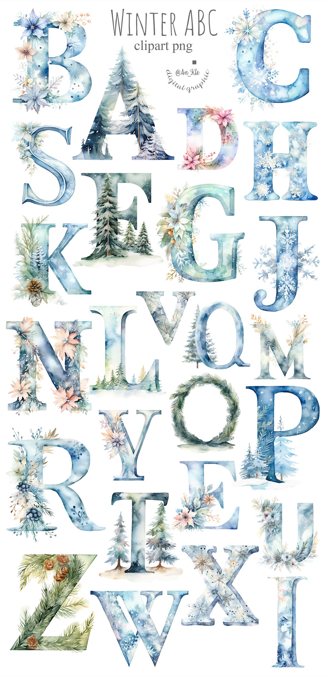 Winter Letters Clipart Png, Watercolor Frozen Christmas Alphabet, Xmas ...