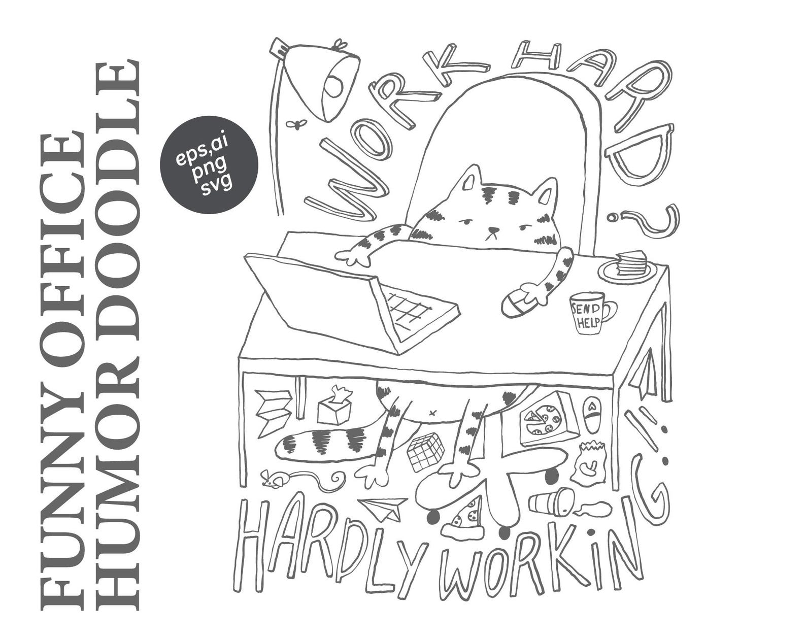 Funny Work Hard Hardly Working Art, Office Humor Doodle, Printable Wall ...