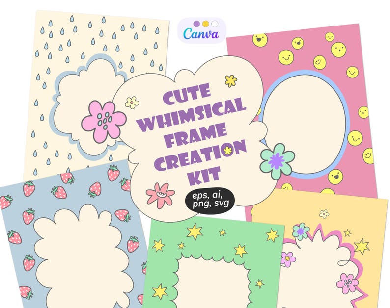 Cute Whimsical Frame Kit, Kawaii Pastel Borders and Cards, Aesthetic ...