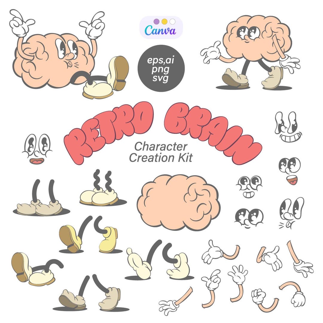 Retro Groovy Brain Mascot Creation Kit, Mascot Parts, Retro Logo ...