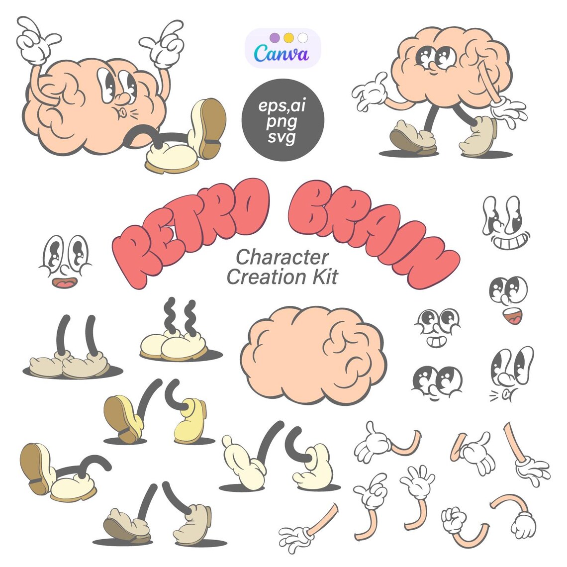 Retro Groovy Brain Mascot Creation Kit, Mascot Parts, Retro Logo ...