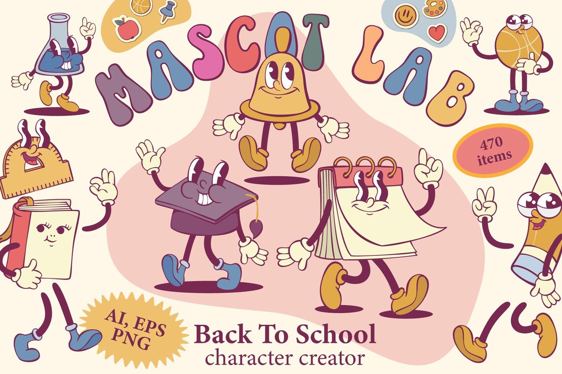 Back to School Mascot Creator, Retro Groovy School Items Clipart ...