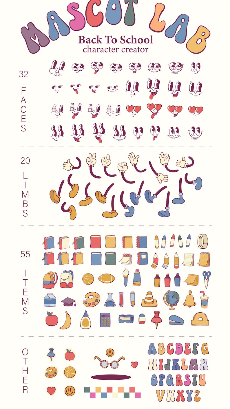 Back to School Mascot Creator, Retro Groovy School Items Clipart ...