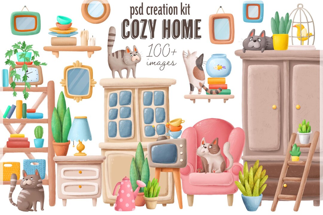 Interior Clipart Bundle, Furniture, Home Plants, Cats and Dogs Clip Art ...