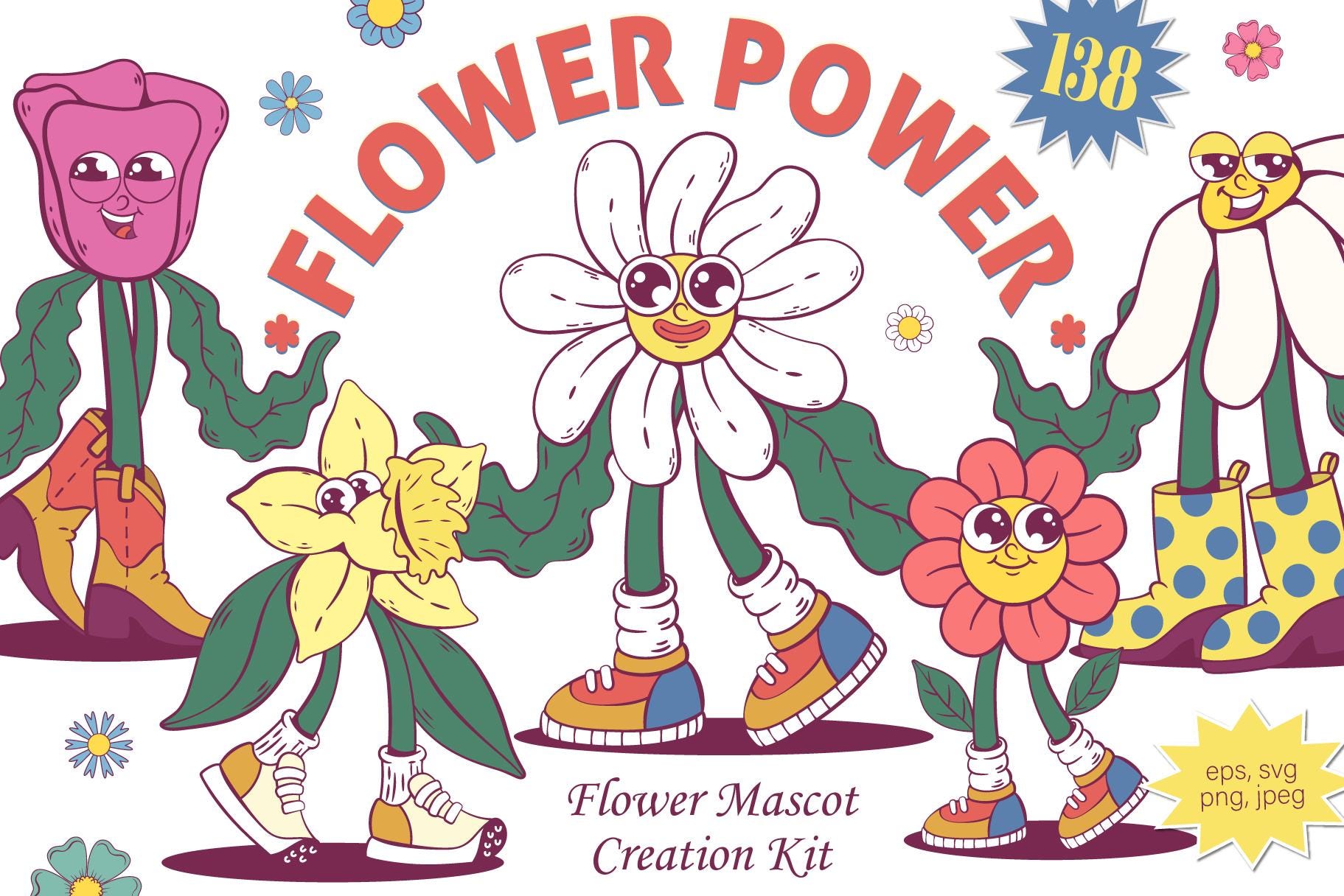 Flower Power Mascot Clipart Collection, Retro Groovy Mascot Creation ...