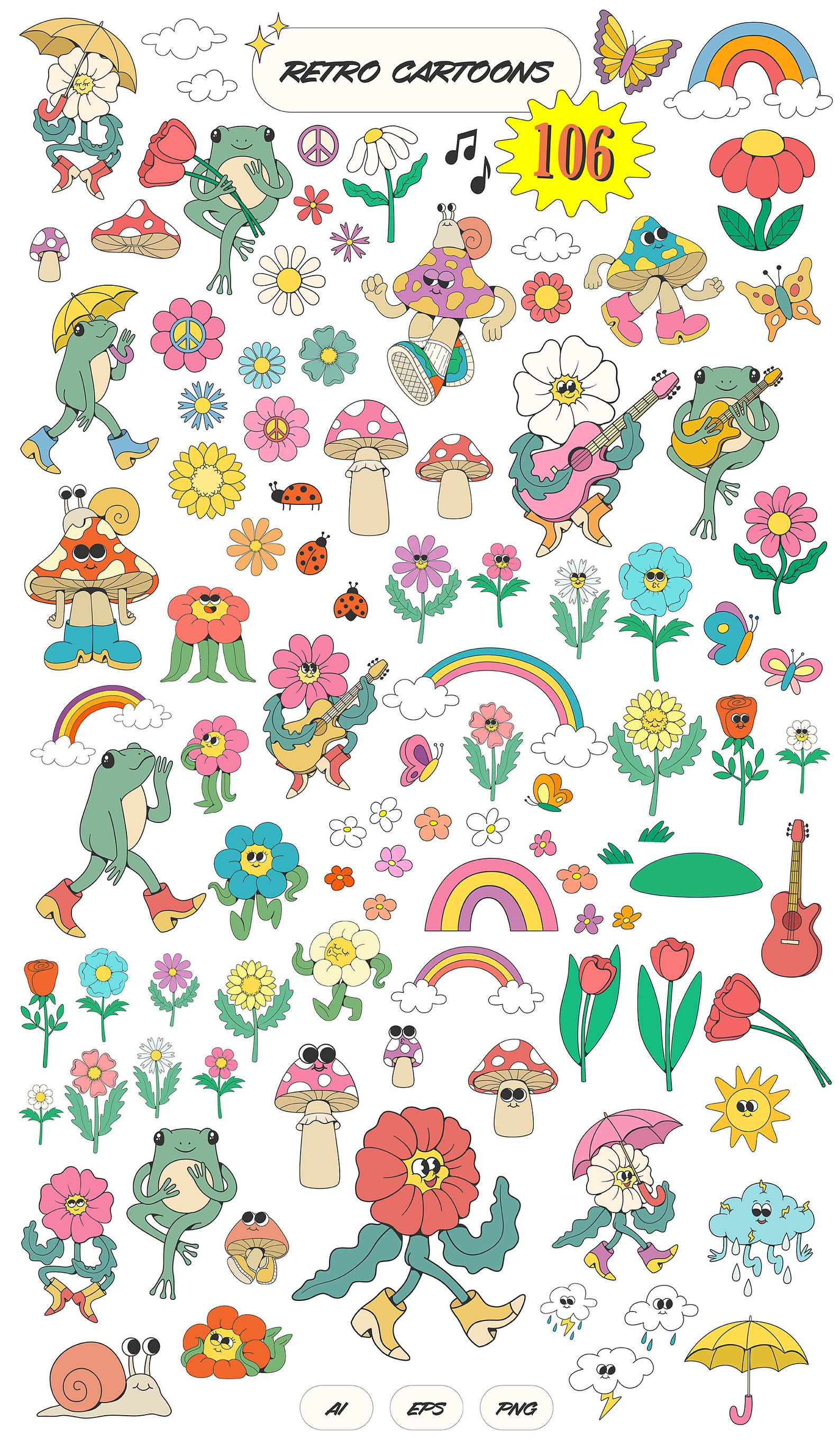 Retro Groovy Cartoon Illustrations, Character Design, Mascot Parts ...