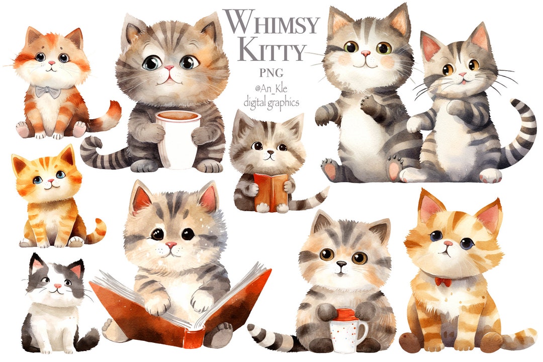 Whimsical Kittens Clipart Png Digital Download, Cute Playful Cats ...