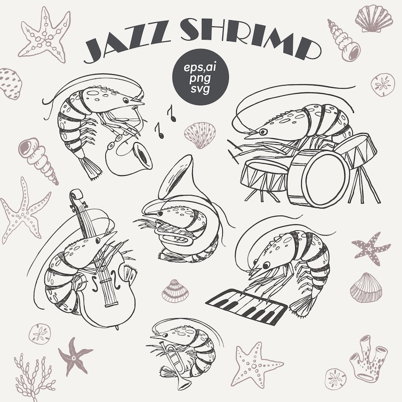Funny Shrimp Clipart, Cute Seafood Characters, Jazz Sea Animals, Vector ...