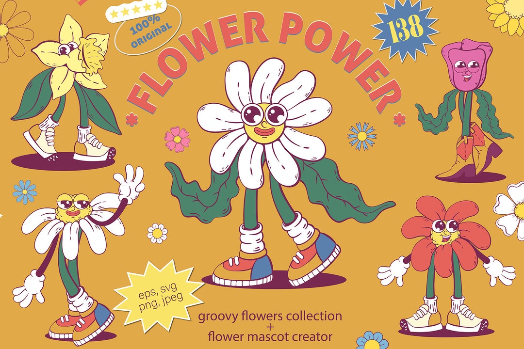 Flower Power Mascot Clipart Collection, Retro Groovy Mascot Creation ...
