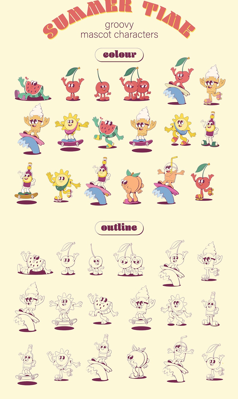 Retro Groovy Summer Mascot Characters, Sublimation Designs, Vintage ...