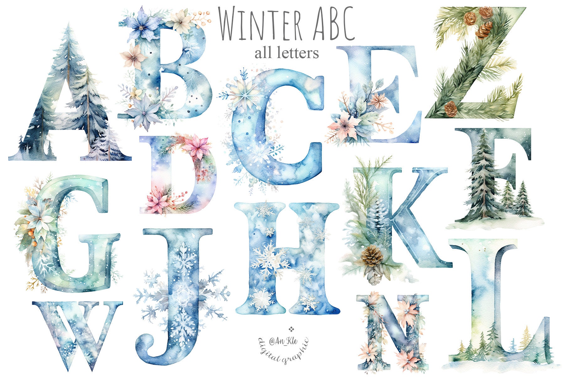 Winter Letters Clipart Png, Watercolor Frozen Christmas Alphabet, Xmas ...