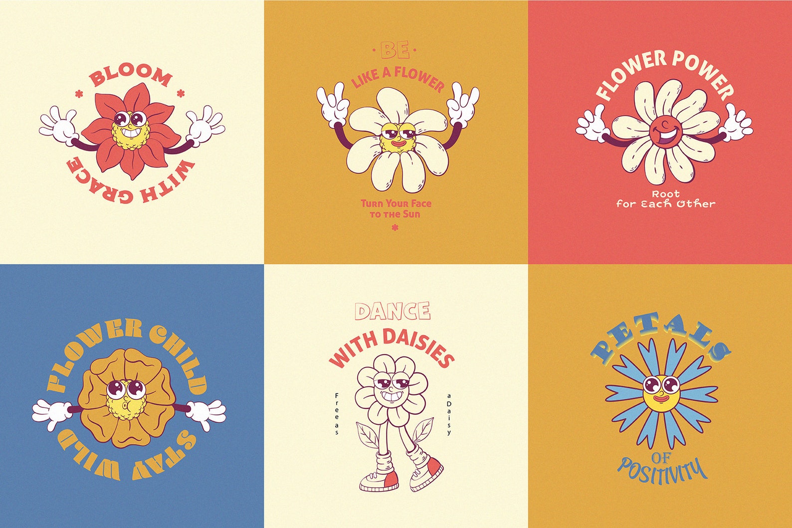 Flower Power Mascot Clipart Collection, Retro Groovy Mascot Creation ...