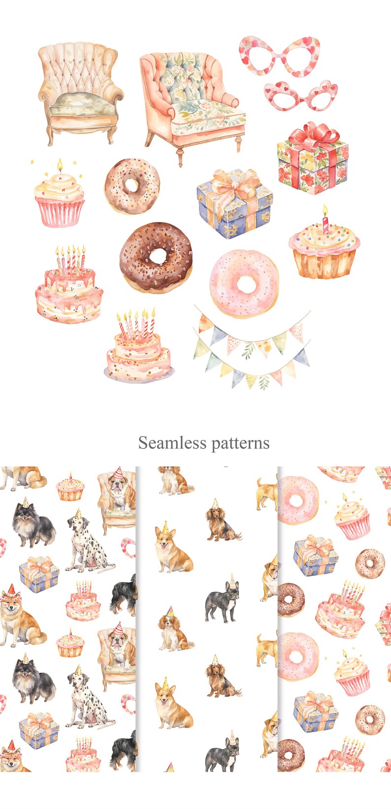 Birthday Dog Breeds Bundle, Watercolor Party Dogs Clipart Png Digital ...