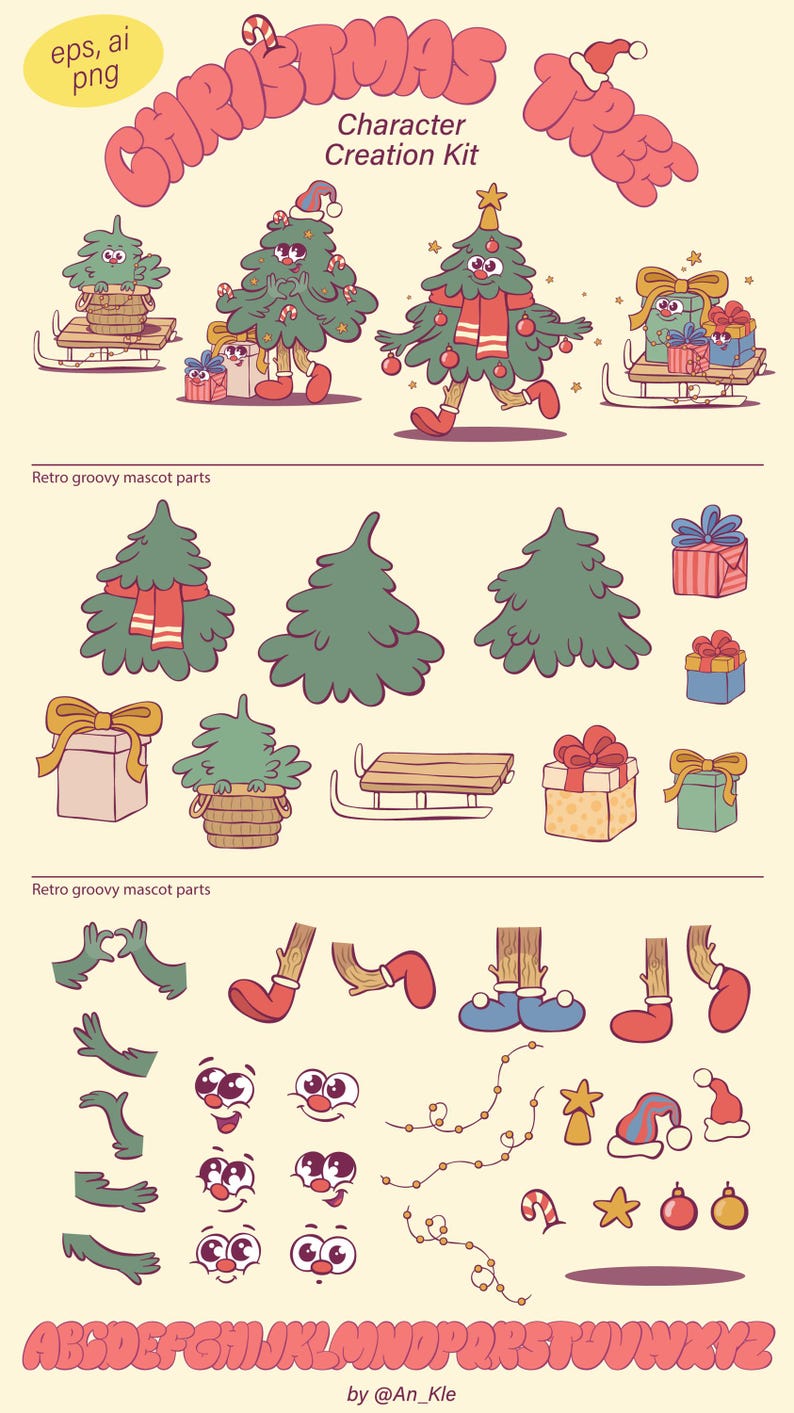 Christmas Tree Character Creation Kit, Retro Groovy Xmas Mascot ...