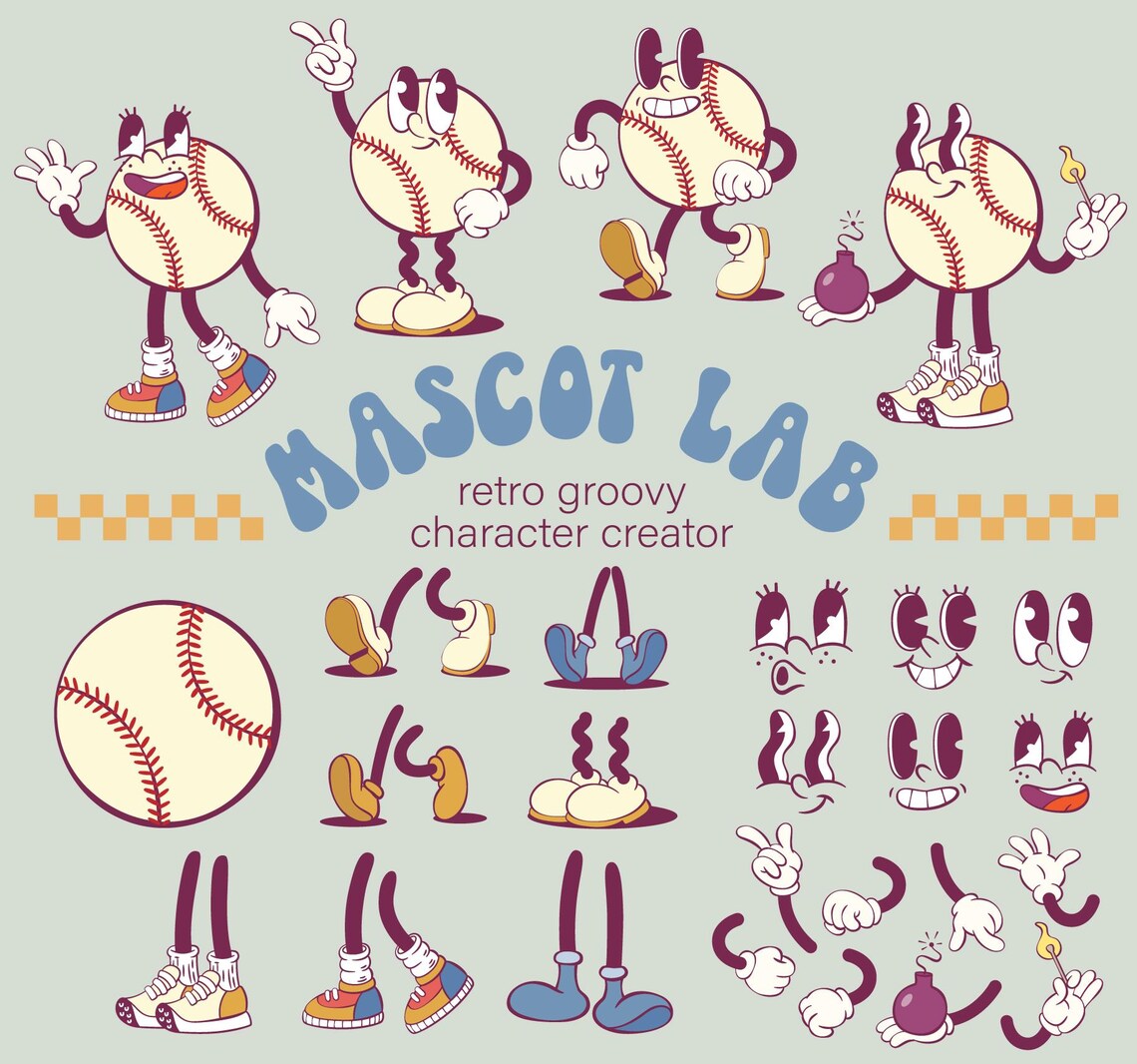 Retro Groovy Baseball Mascot Creation Kit - EPS, PNG, Mascot Parts ...