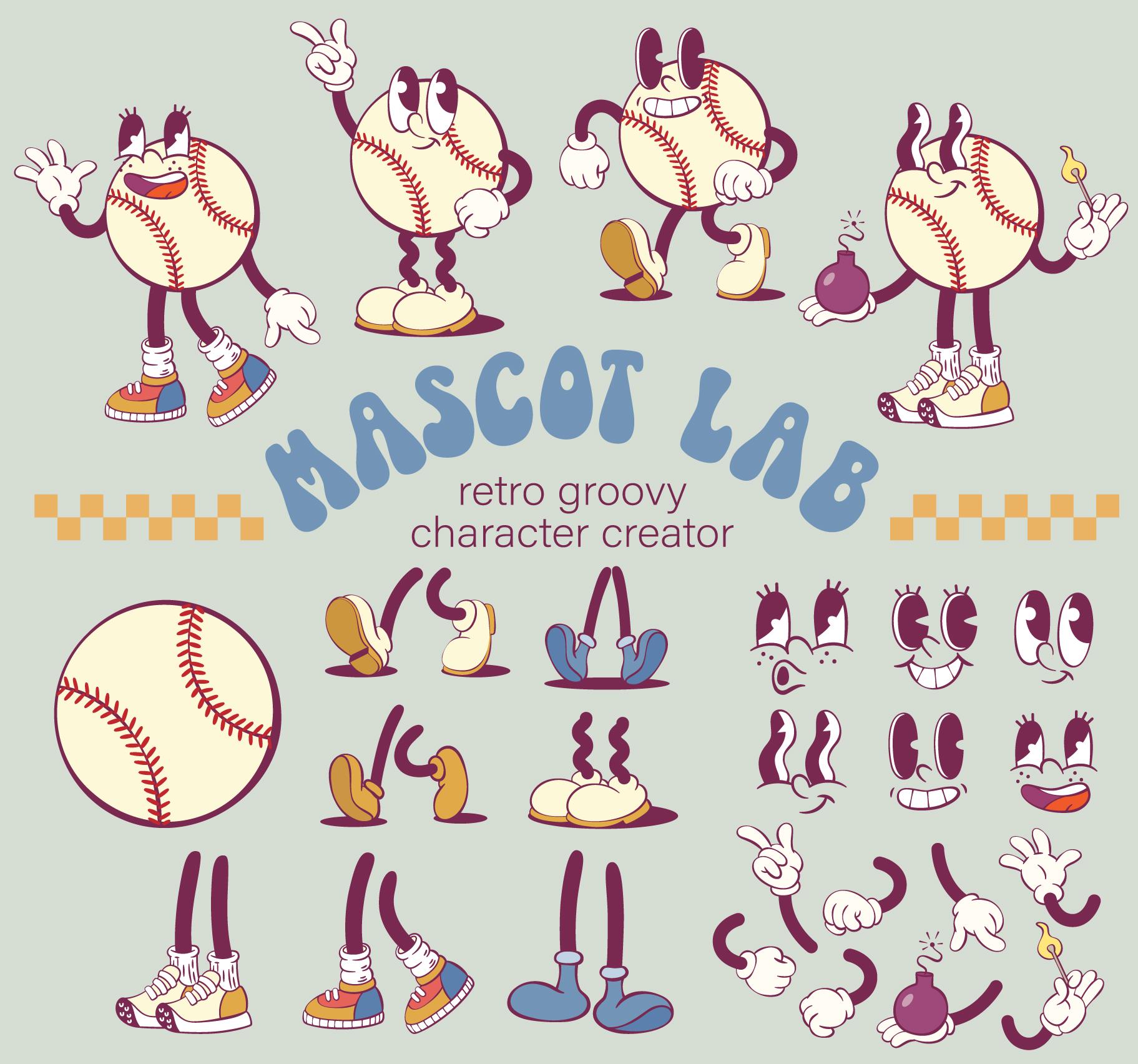 Retro Groovy Baseball Mascot Creation Kit - EPS, PNG, Mascot Parts ...