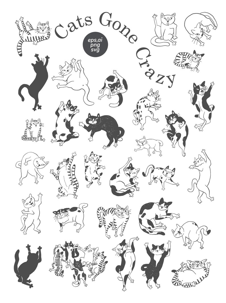 Crazy Cat Clipart Bundle, Funny Sketch Style Cat Illustrations, Weird ...